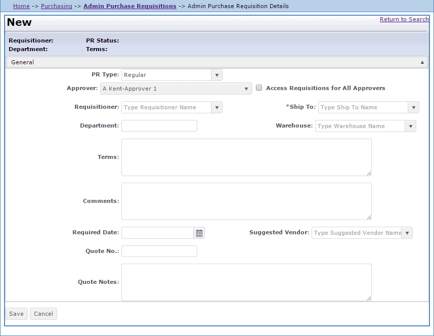 PUR Create a Purch Req - Admin Menu window