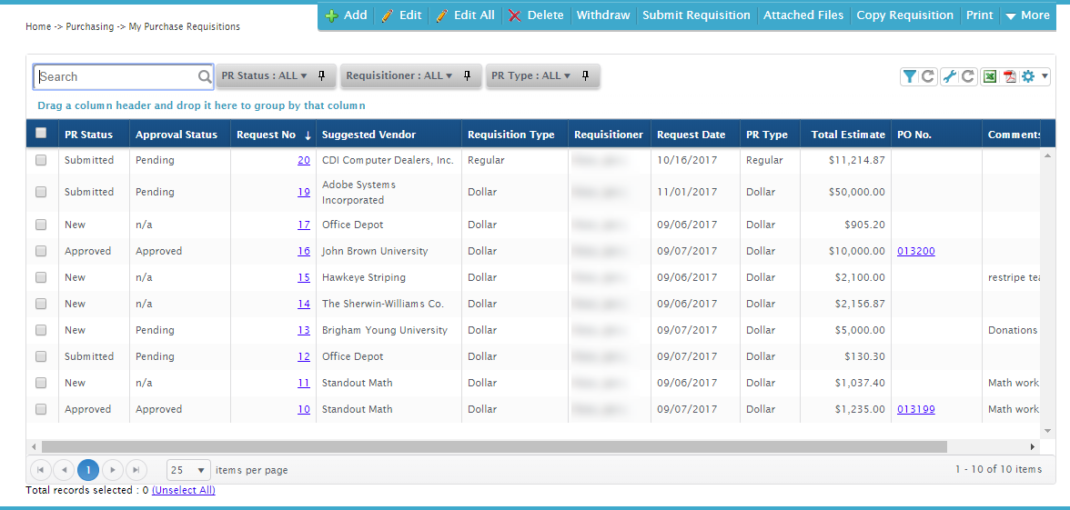 PUR Create a Purchase Requisition - My PRs