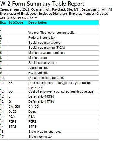 PY W-2 Form Summary Table Report