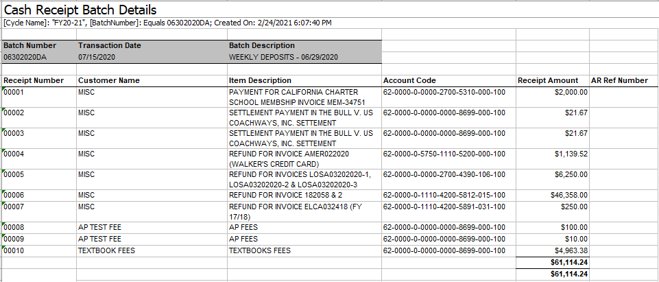 AR Cash Receipts Details Screen Report